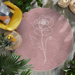 Rose Outline Pink Round Rug - Floral Sketch Minimalist Circle Mat ...