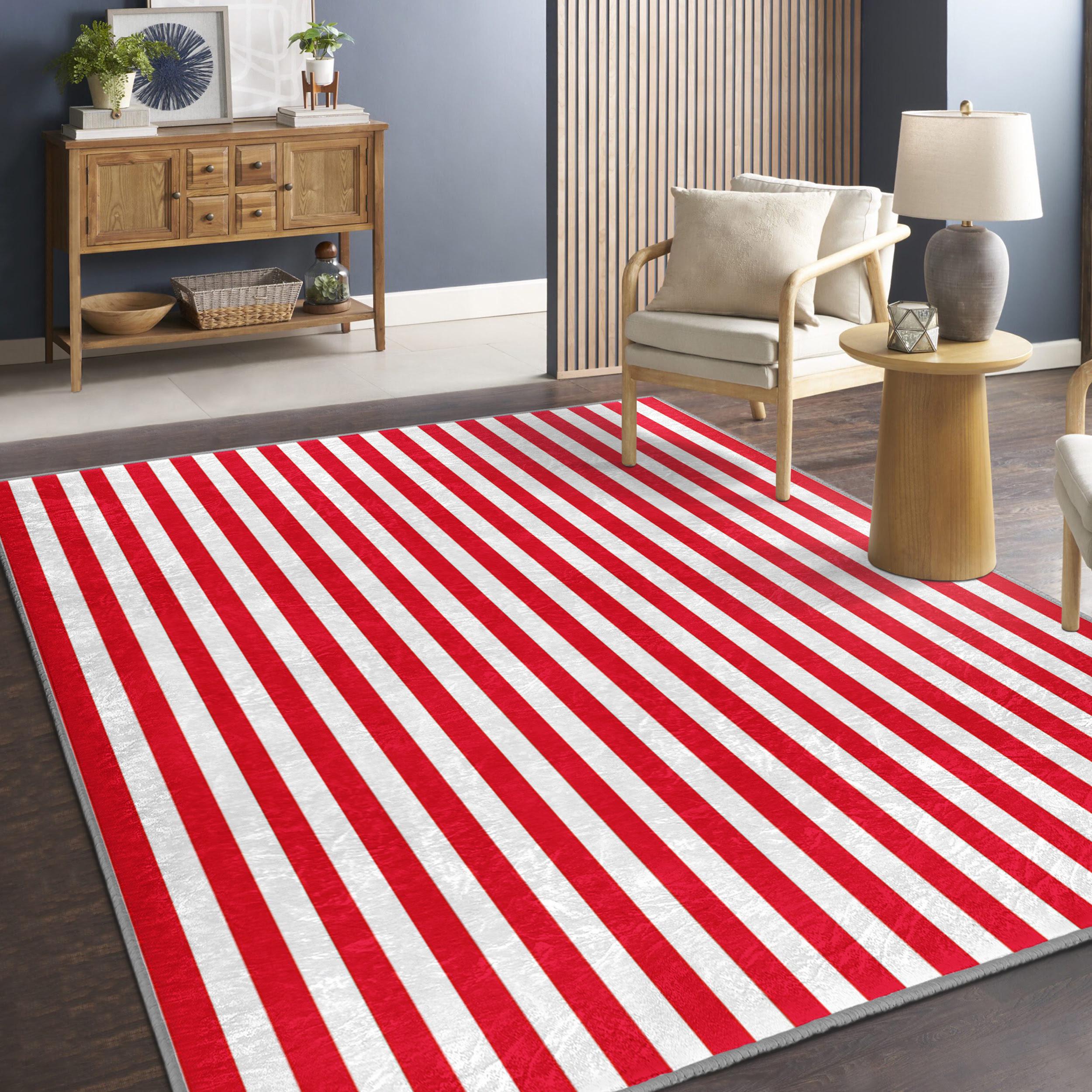 Red Striped Area Rug - White Horizontal Accent Carpet - Bold Lines ...