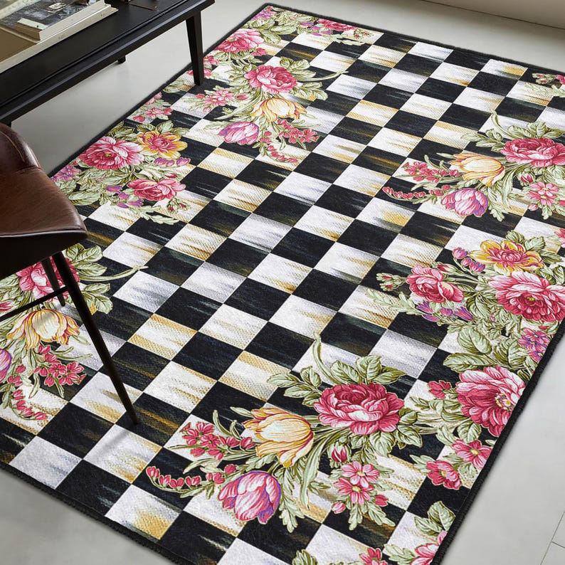 Checkered Floral Accent Rug - Black White Checkered Runner - Carpet ...