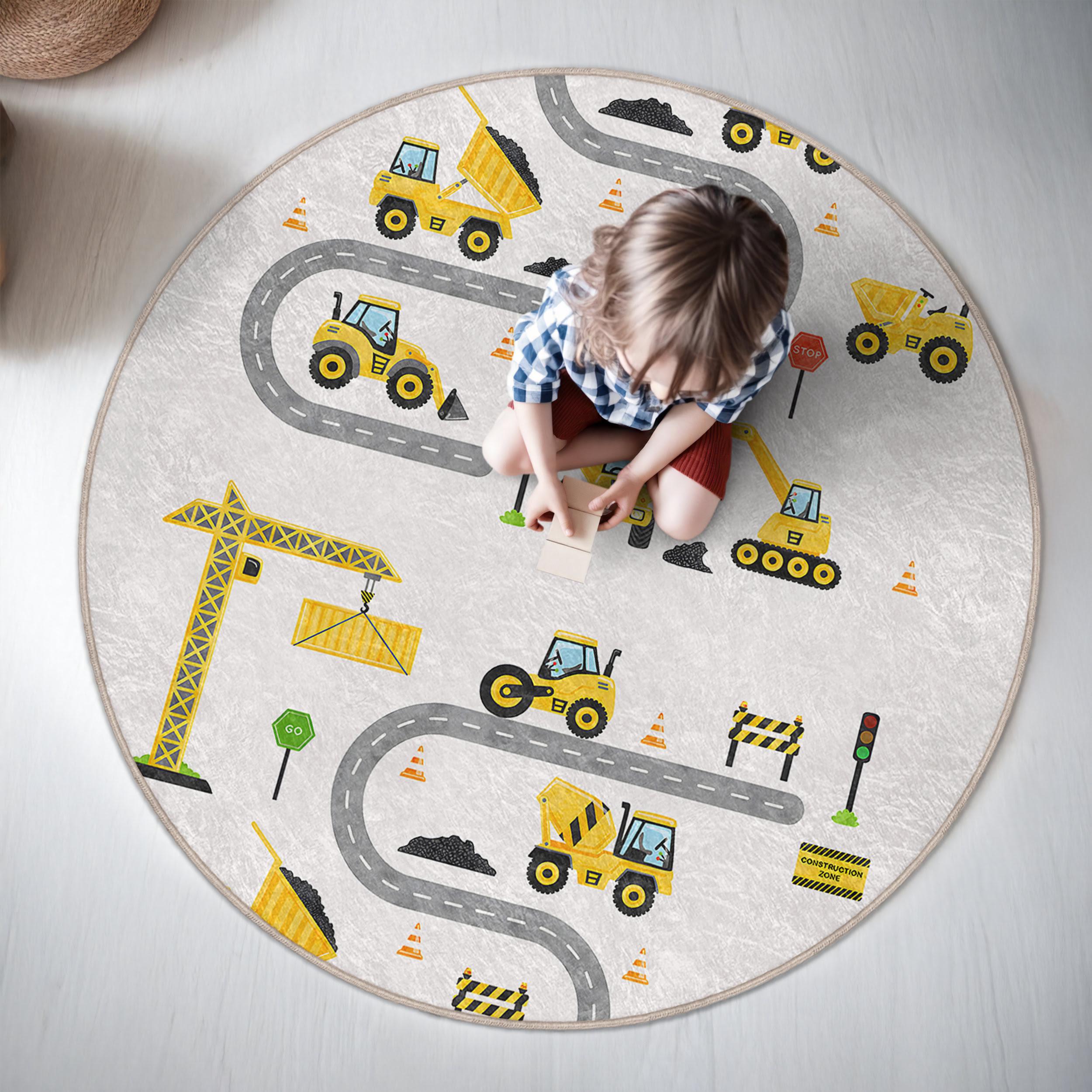 Yellow Construction Zone Theme Kids Room Round Rug - Roads Traffic ...