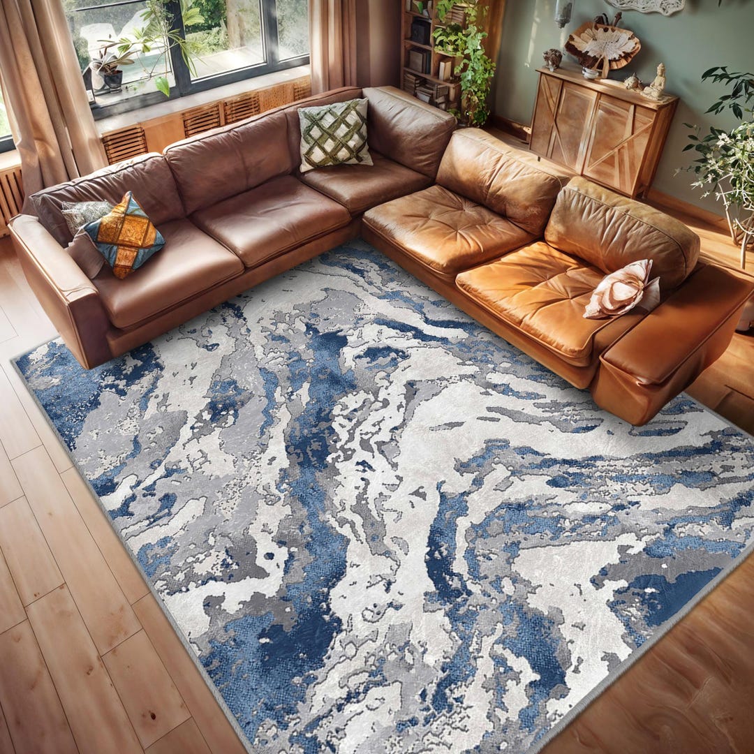 Blue Marble Effect Area Rug - Liquid Flow Abstract Mat - Modern Living ...
