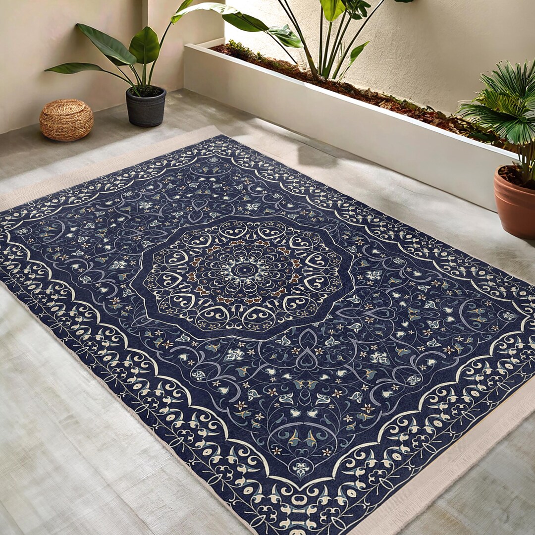 Blue Mandala Area Rug - Floral Medallion Accent Carpet - Vintage Anti ...