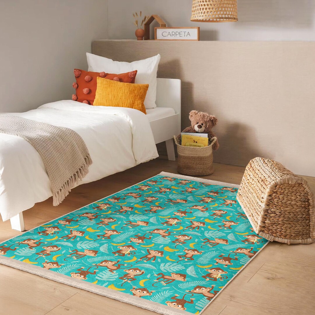 Jungle Monkey Kids Rug -tropical Leaves Cartoon Design Mat -nursery ...