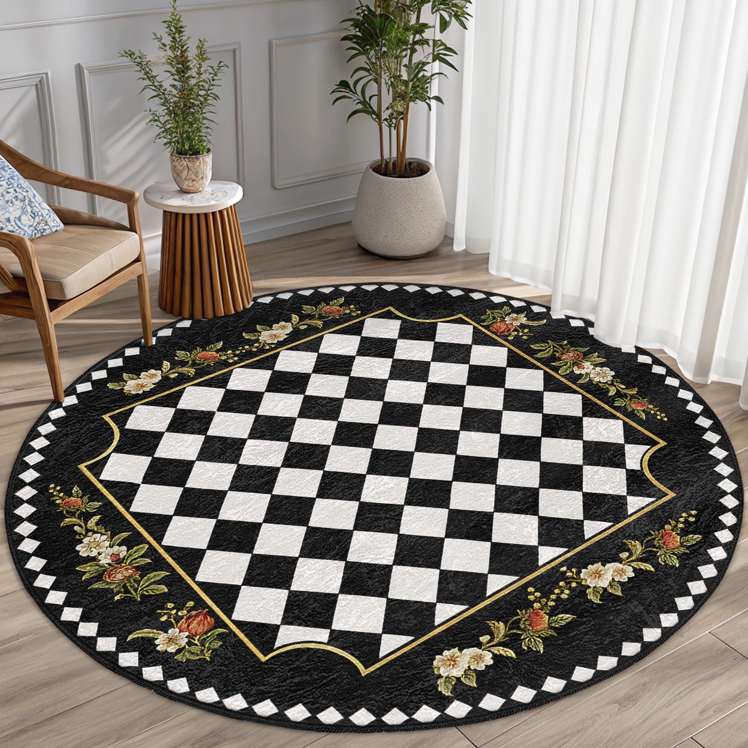 Elegant Checkered Floral Round Rug - Black White Circle Carpet-classic ...