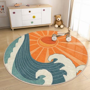 Sunburst Ocean Wave Kid's Room Round Rug -stylish Orange Blue Art ...