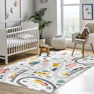 Nursery Road Map Rug-cars Train Tracks Mat-carpet for Kids Room ...