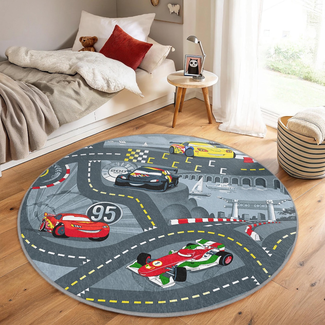 Race Cars Adventure Kids Room Round Rug - Cartoon Roads Circle Carpet ...