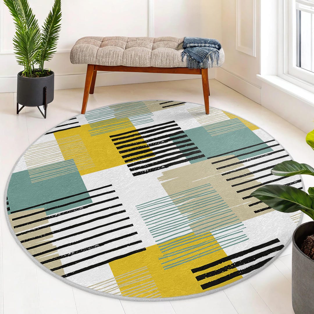 Yellow Teal Checkered Round Rug - Geometric Line Pattern Oval Mat ...