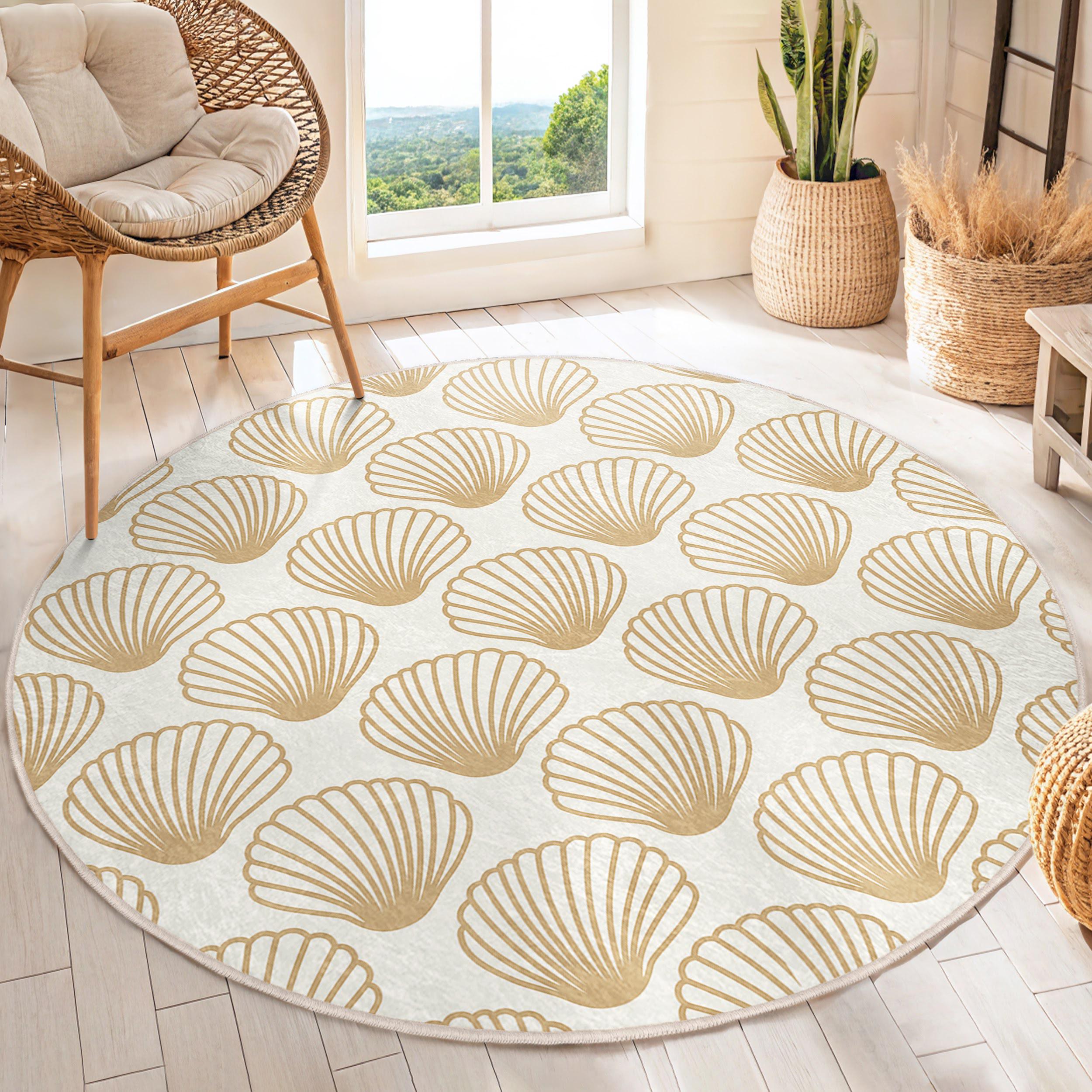 Elegant Shell Round Rug - Tan Wavy Shells Circle Carpet-coastal Decor ...