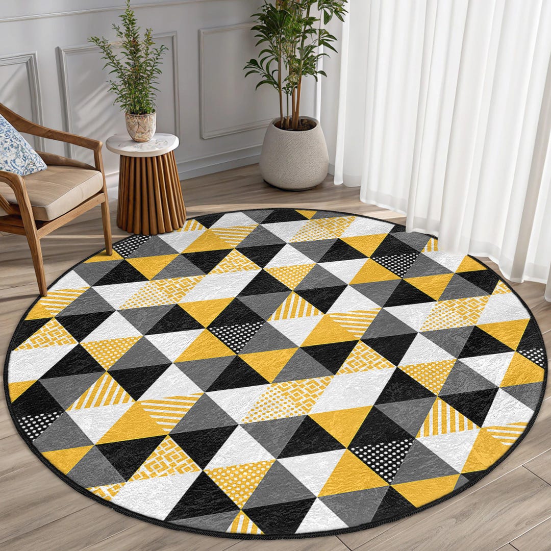Geometric Yellow Gray Vibes Round Rug -triangle Pattern Accent Circle ...