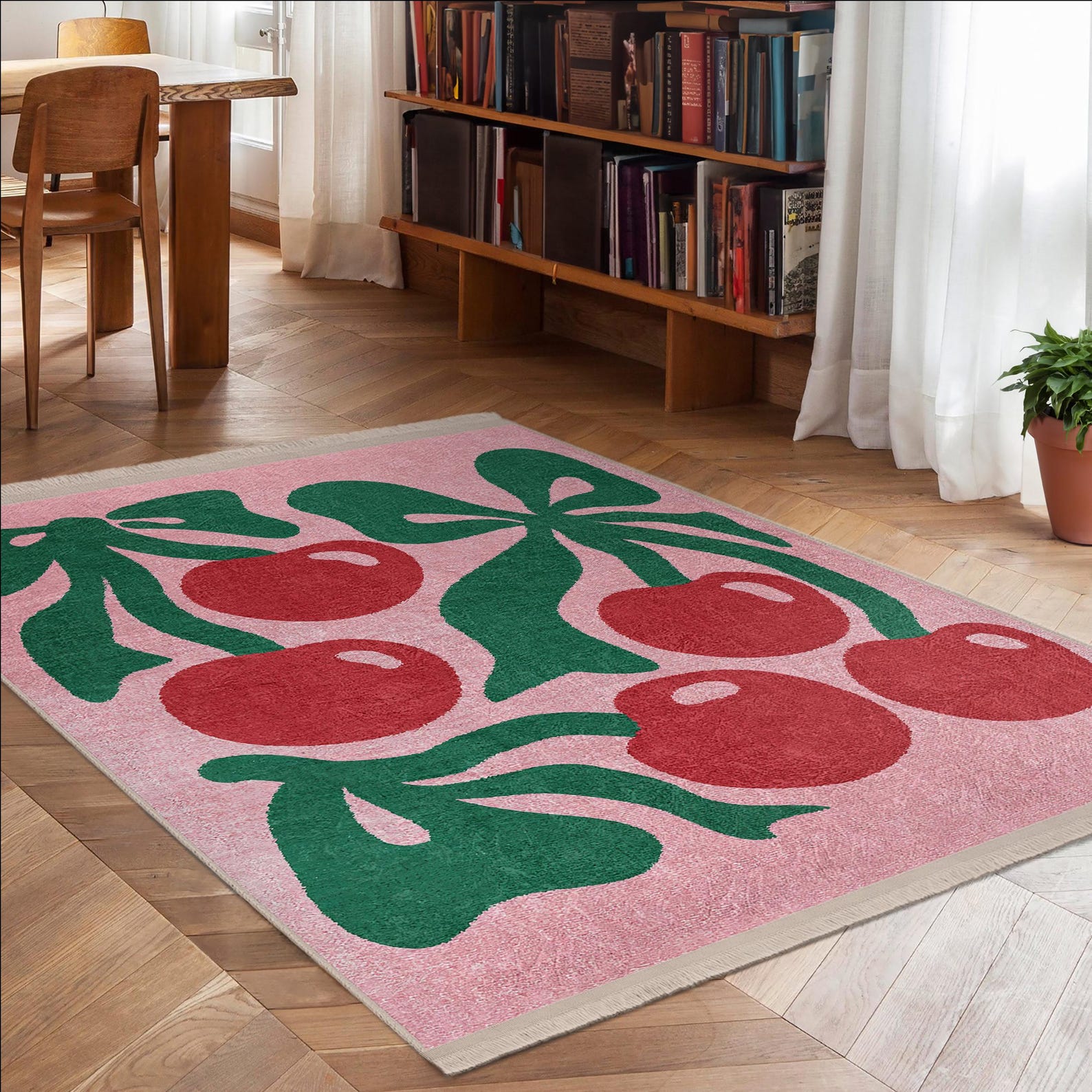 Pink Cherry Motif Area Rug -bold Fruit Leaf Pattern Rug-vibrant Anti ...