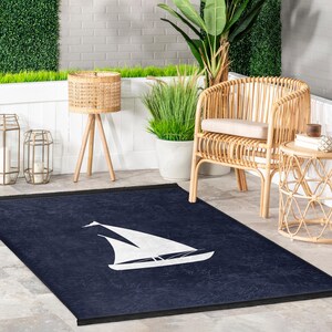 Nautical Sailboat Accent Rug - Sail Design Dark Surface Mat - Navy ...