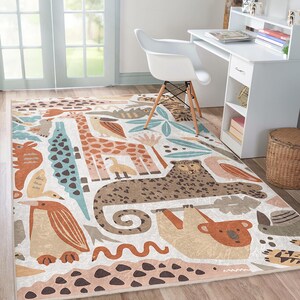 Jungle Safari Animal Rug - Cartoon Wildlife Adventure Mat -caramel Kids ...