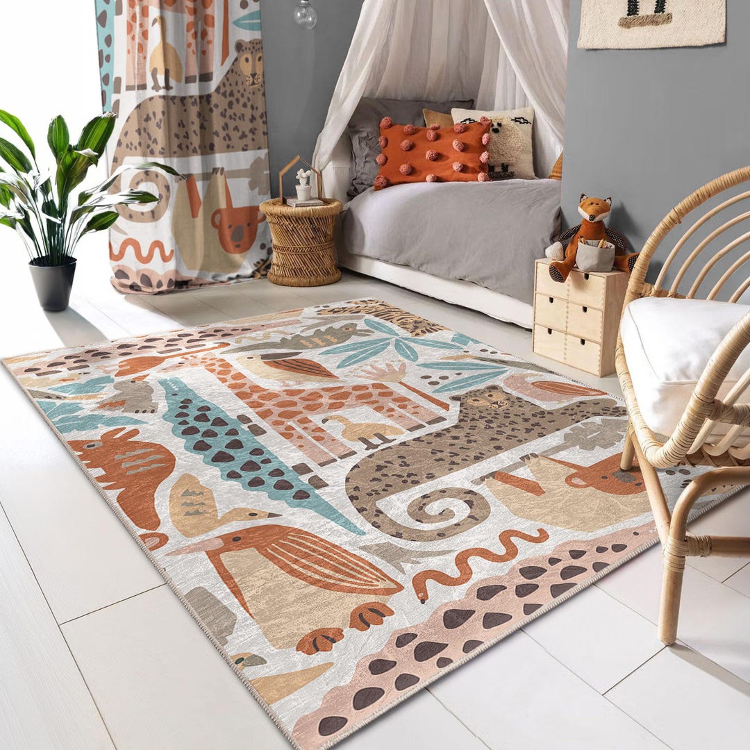 Jungle Safari Animal Rug - Cartoon Wildlife Adventure Mat -caramel Kids ...