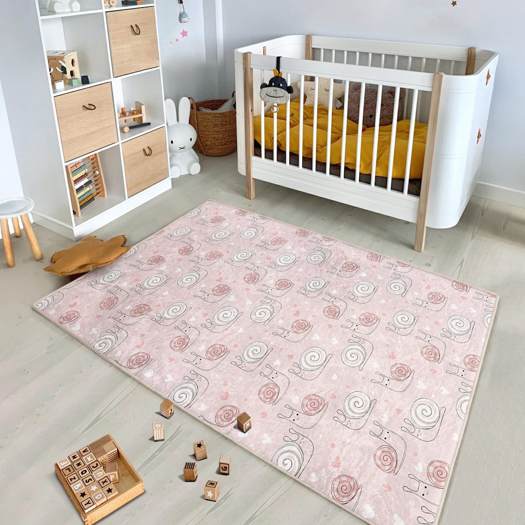 Snail-themed Pink Baby Rug - Swirly Cartoon Snail Pattern Mat - Carpet ...
