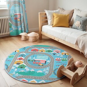 Colorful City Map Kids Room Round Rug-road River Trees Circle Carpet ...