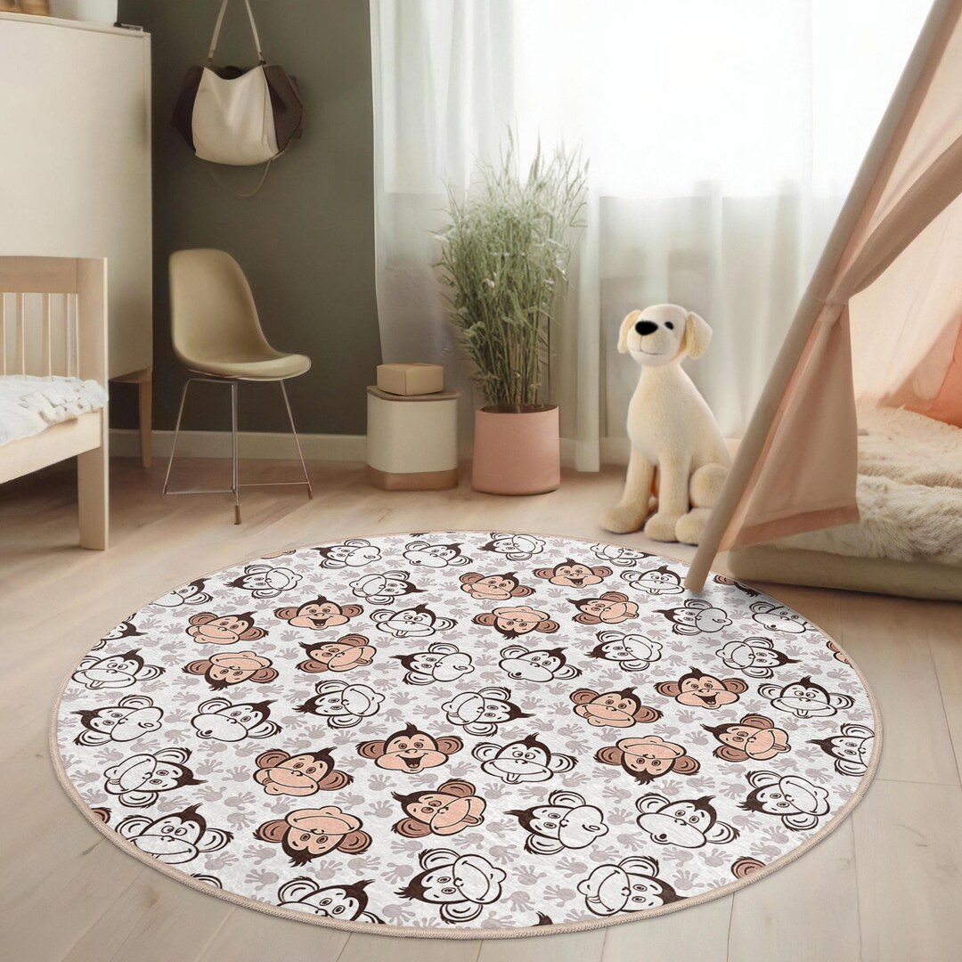 Monkey Face Circle Carpet - Brown Cartoon Animal Design - Playroom Anti ...