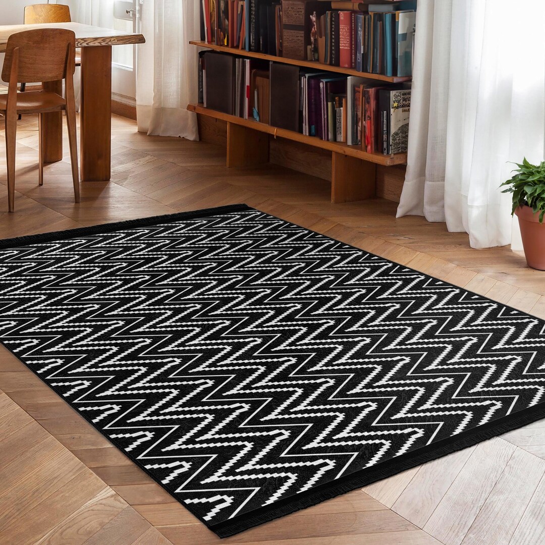 Zigzag Black Area Rug - Chevron Pattern Carpet - Modern Anti Slip Rug - Elegant Living Room Mat ...