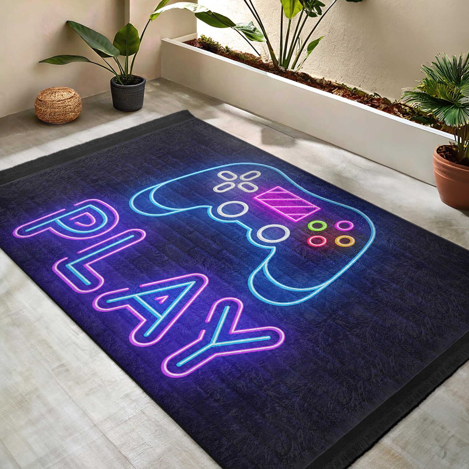 Neon Play Black Area Rug - Gaming Room Glow Rug-controller Non Slip ...