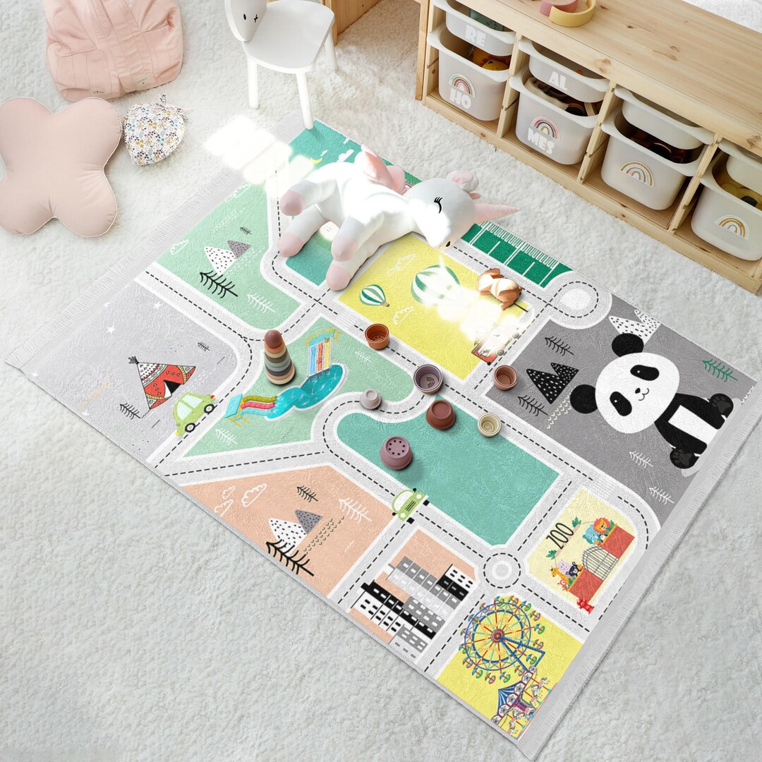 Kids Panda Adventure Rug - Roads Town Play Mat - Colorful Nursery ...