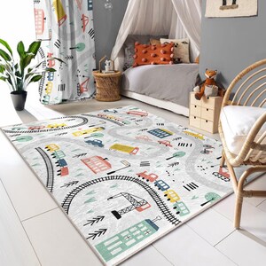 Nursery Road Map Rug-cars Train Tracks Mat-carpet for Kids Room ...