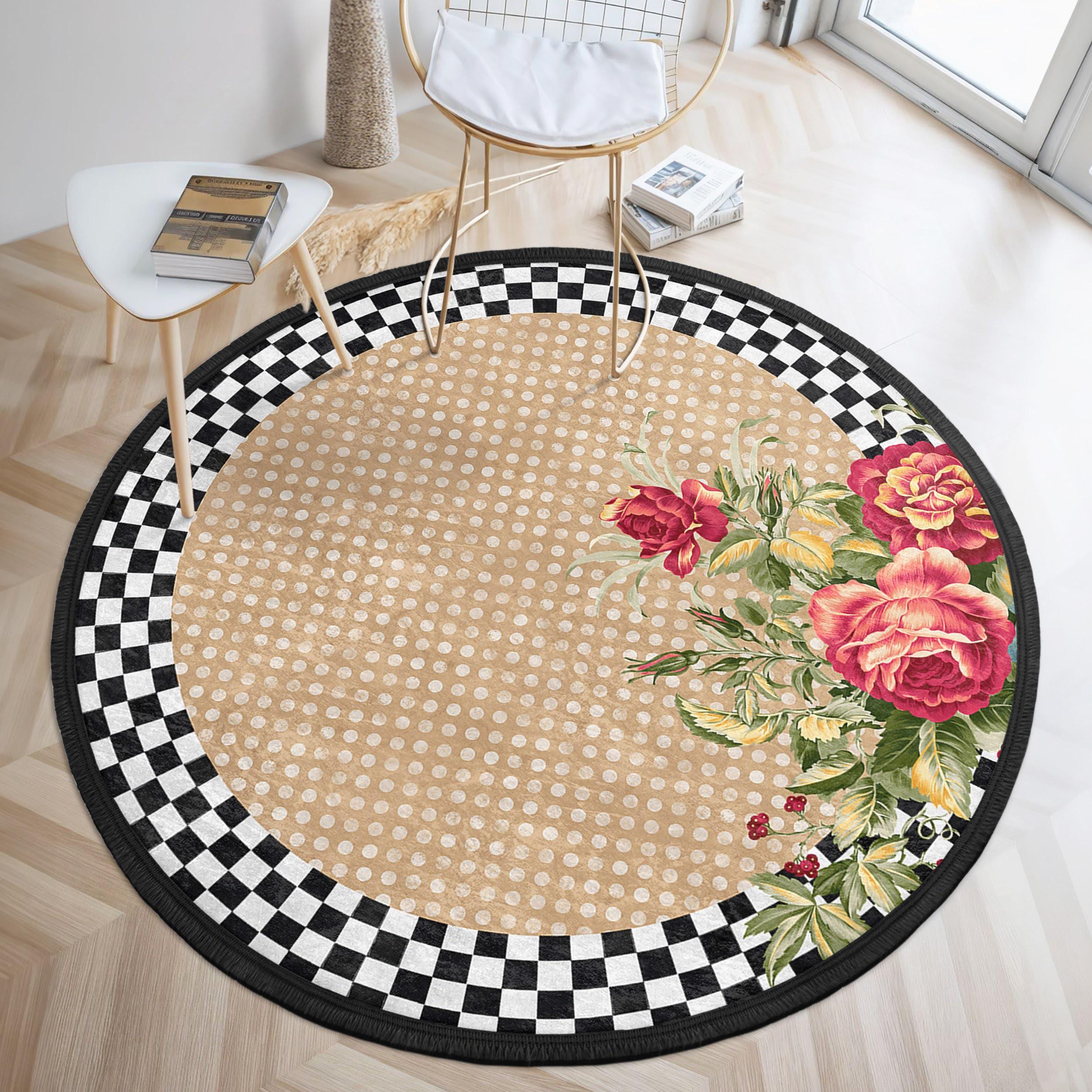 Checkered Floral Beige Round Rug -dotted Rose Pattern Circle Carpet ...