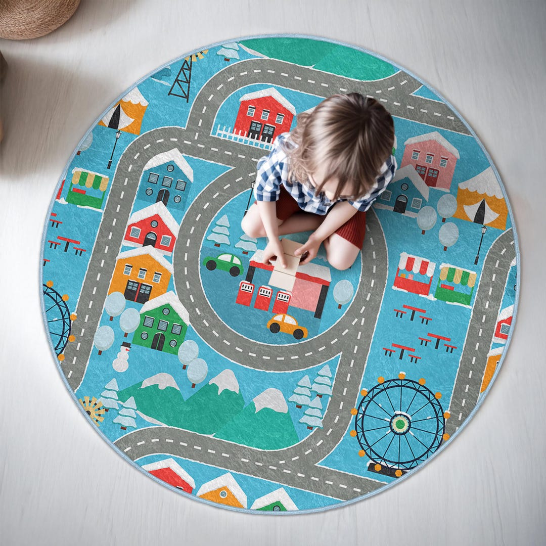 Colorful City Map Kids Room Round Rug-road River Trees Circle Carpet ...