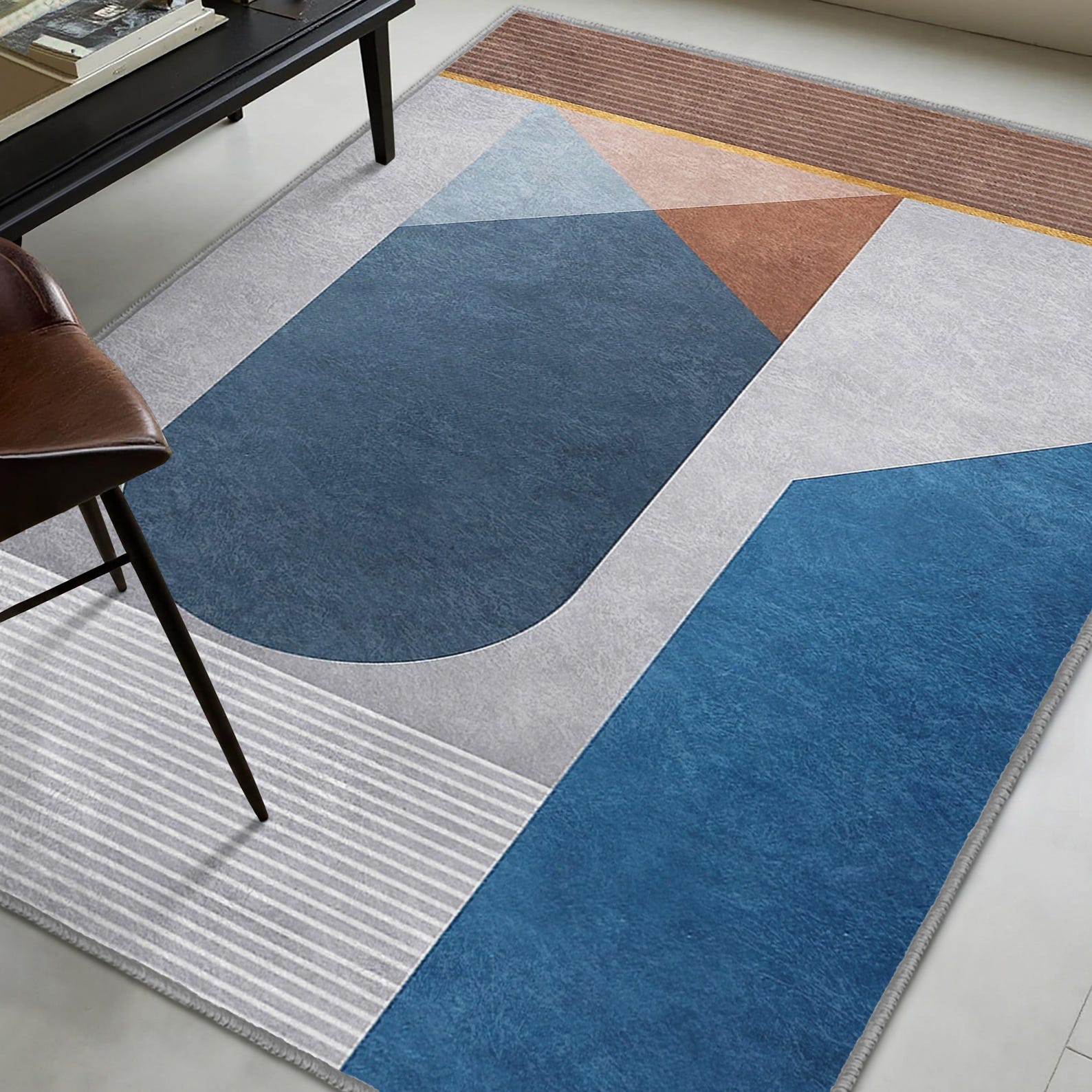 Modern Geometric Shapes Area Rug - Blue Gray Abstract Mat ...