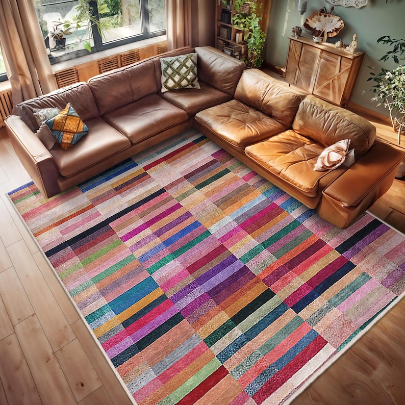 Colorful Stripes Area Rug - Vibrant Block Accent Carpet-multicolor Skid ...