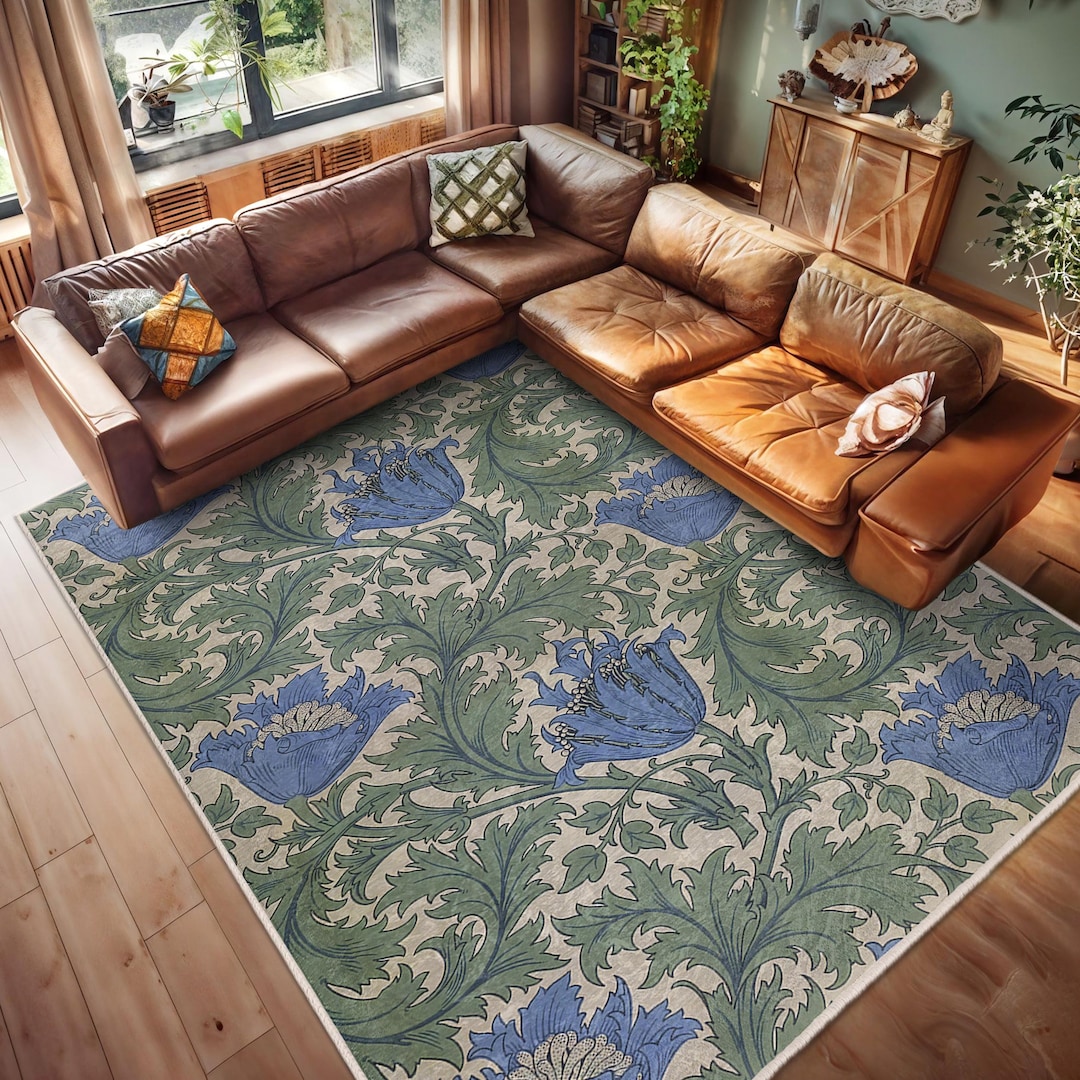 Blue Floral Botanical Area Rug - Vintage Leaf Pattern Accent Mat ...