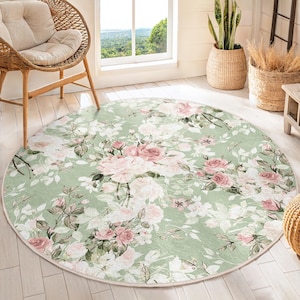 Floral Pastel Green Round Rug - Delicate Blooming Rose Pattern Accent ...