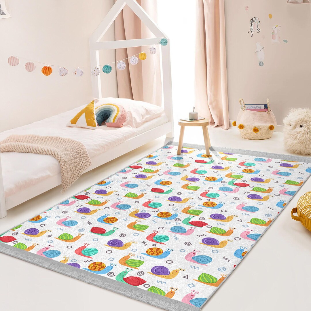 Colorful Snail Nursery Rug - Cute Snail Motifs Kids Carpet - Vibrant ...