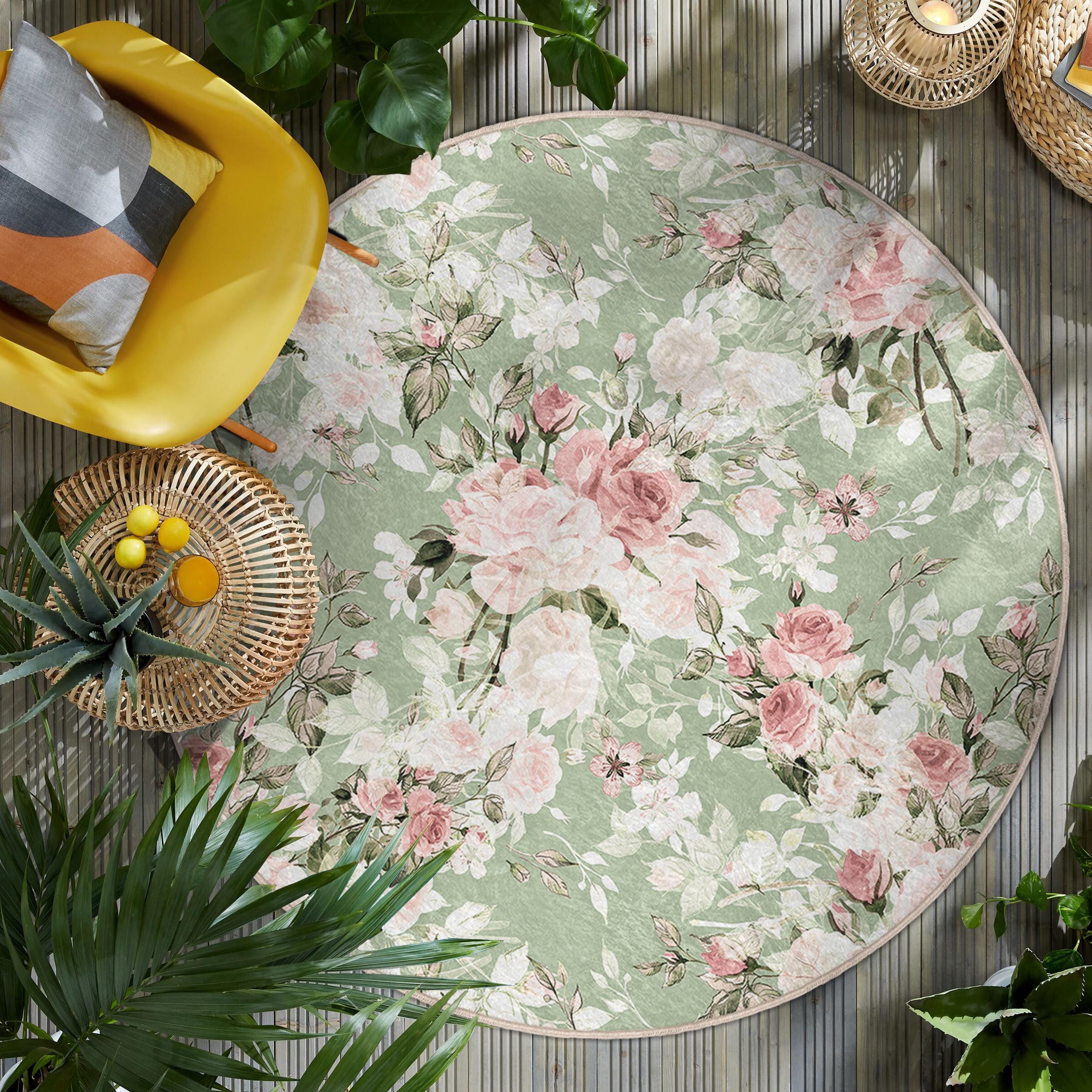 Floral Pastel Green Round Rug - Delicate Blooming Rose Pattern Accent ...