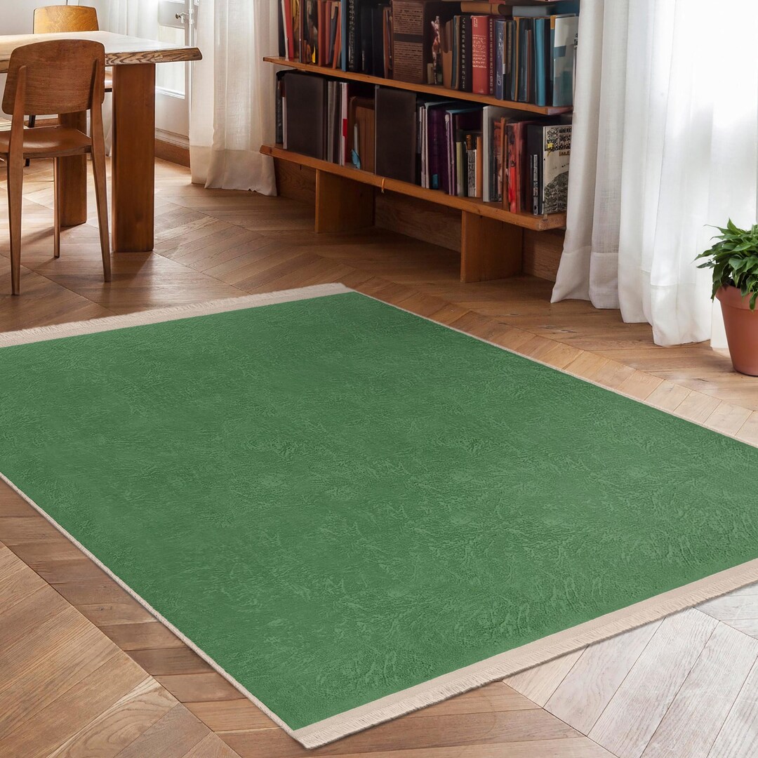Green Textured Solid Area Rug - Green Leaf Design Mat - Natural ...
