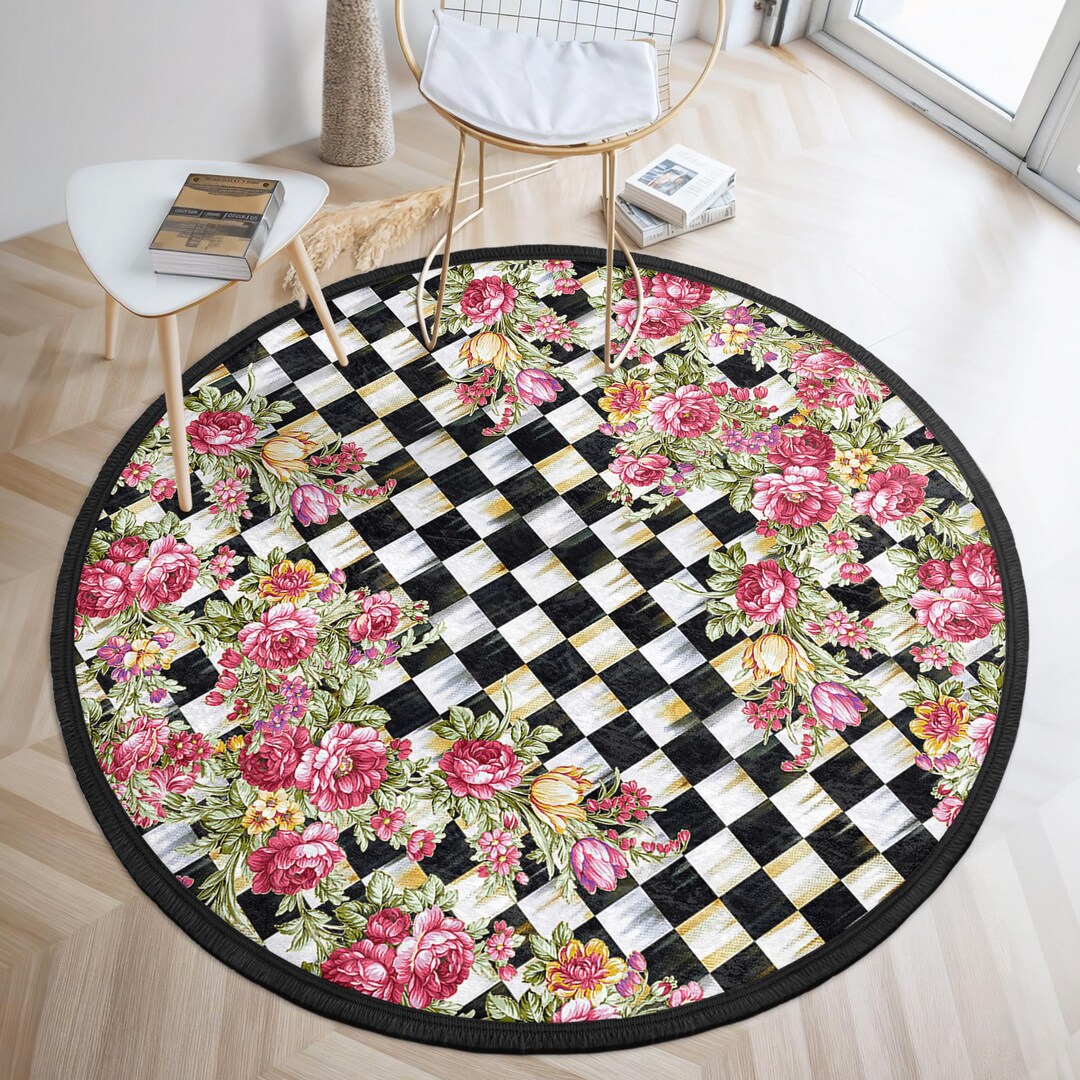 Black White Checkered Floral Round Rug-pink Roses Circle Carpet-vintage ...