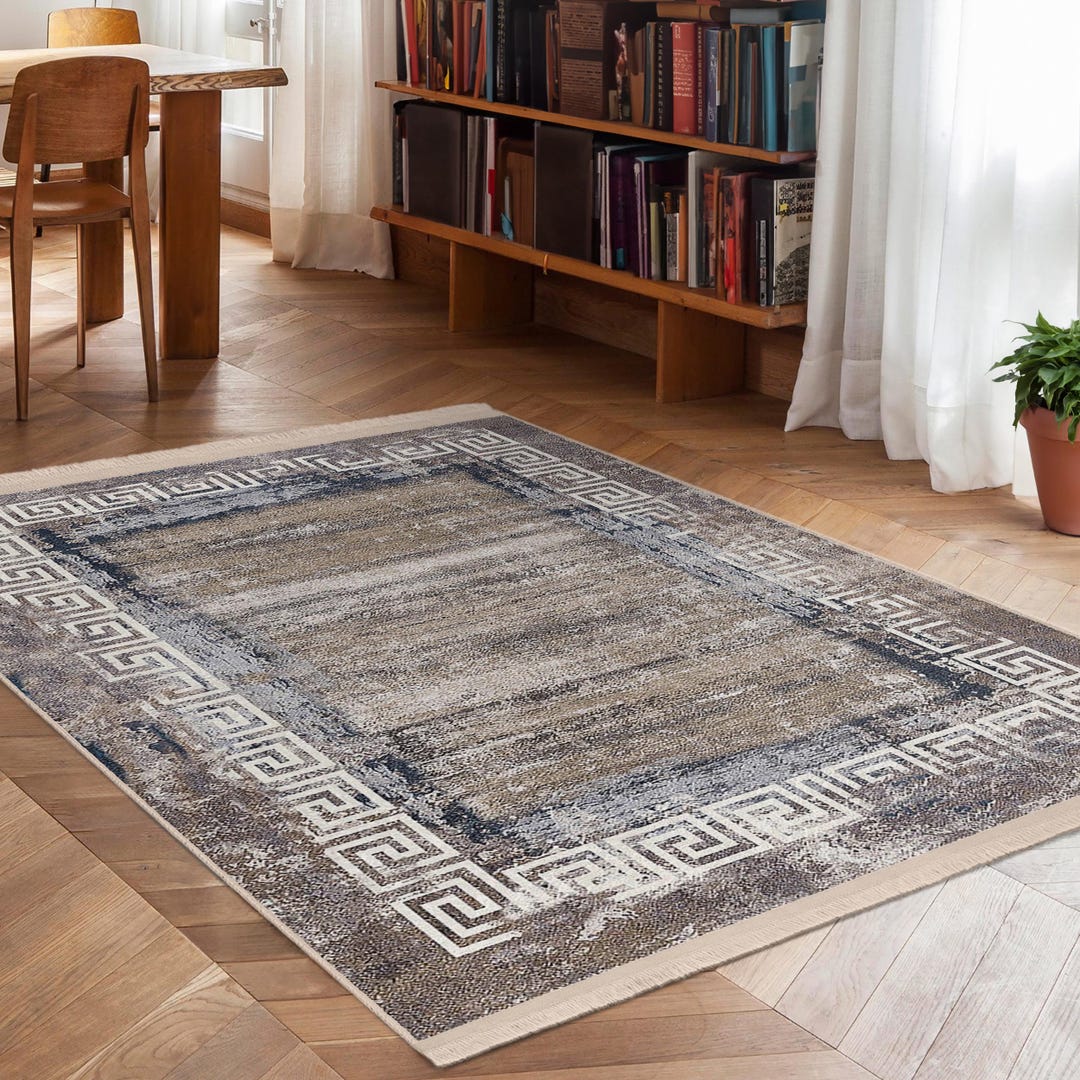 Ancient Greek Border Area Rug - Vintage Geometric Design Mat - Earthy ...