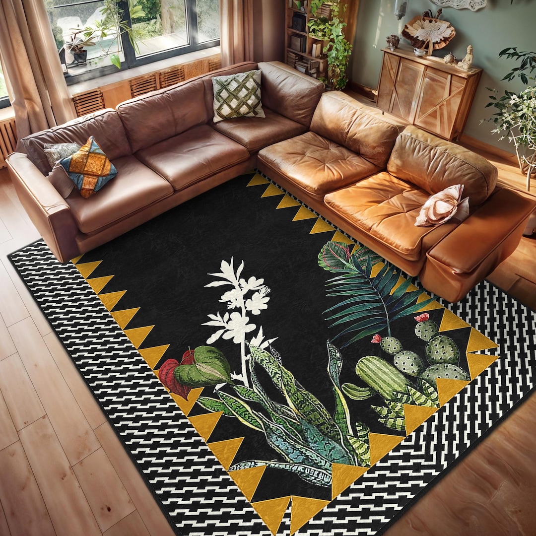 Floral Cactus Accent Rug - Yellow Triangle Border Mat - Black Botanical ...