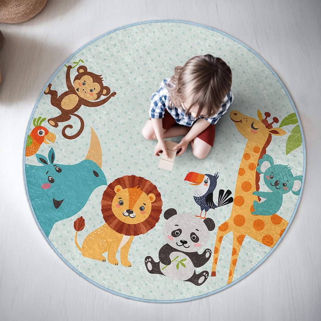 Jungle Animals Kids Room Round Rug - Blue Safari Friends Circle Carpet ...