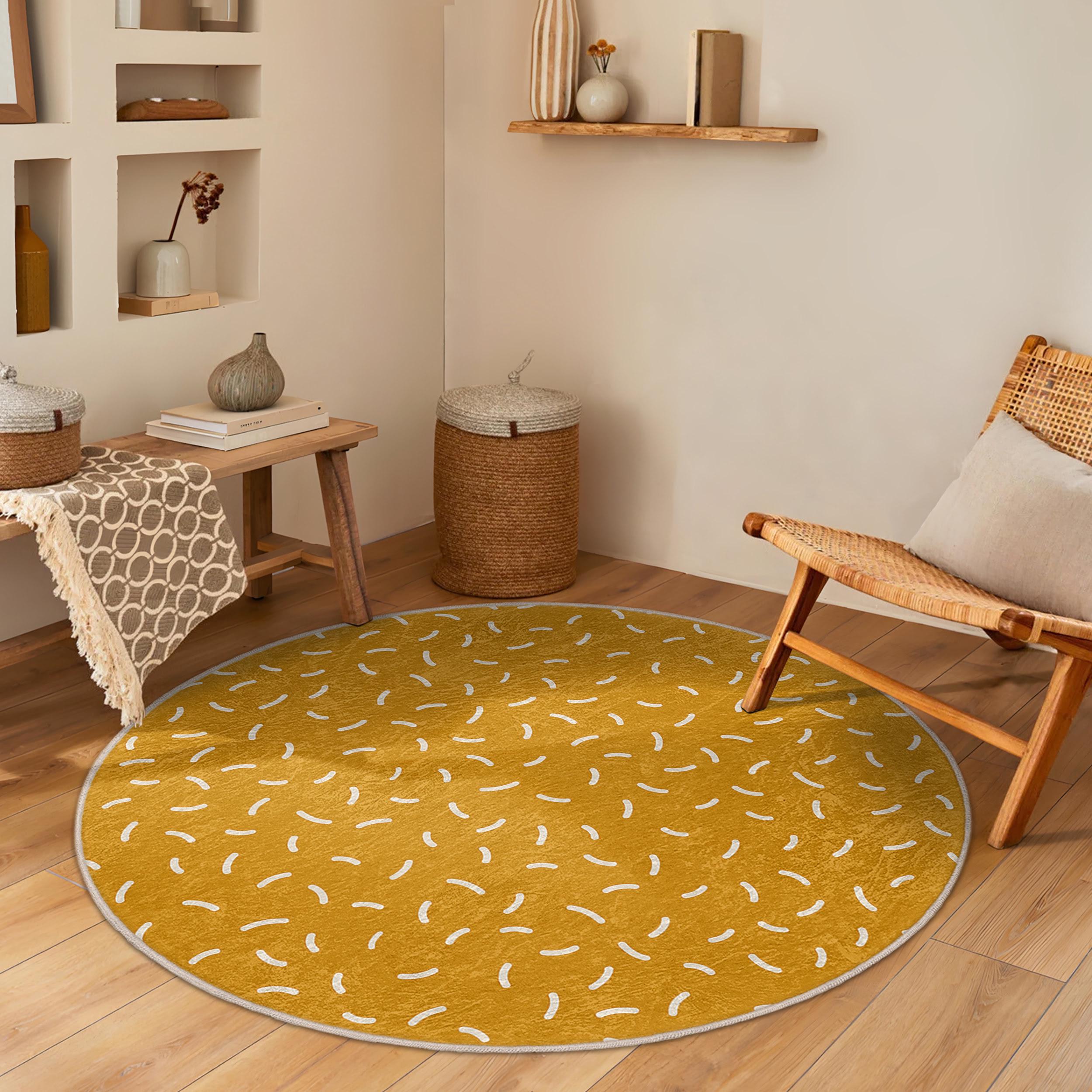 Mustard Sprinkle Pattern Round Rug - Dotted White Lines Area Carpet ...