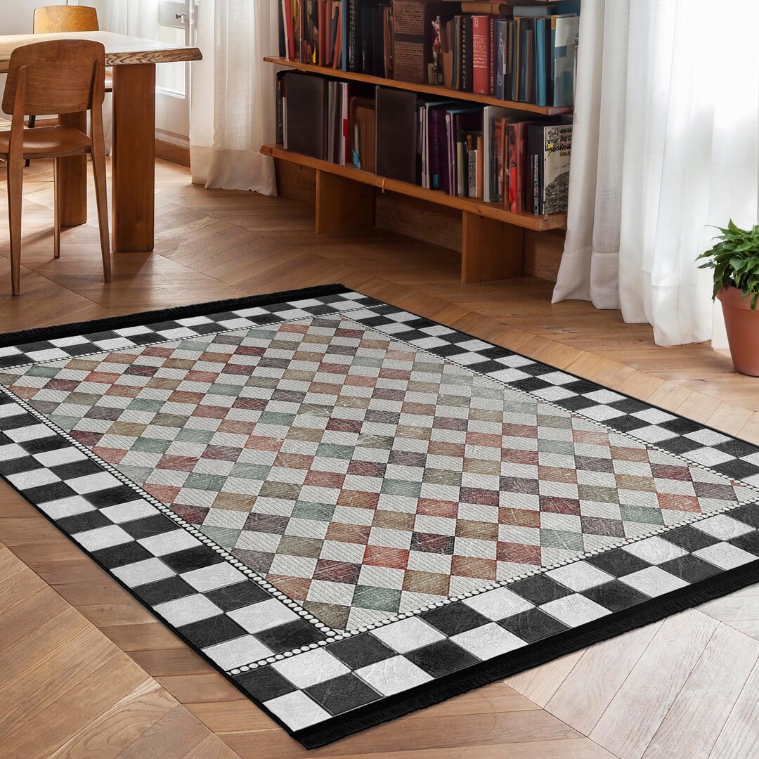 Retro Checkered Area Rug - Vintage Squares Accent Carpet -black White ...