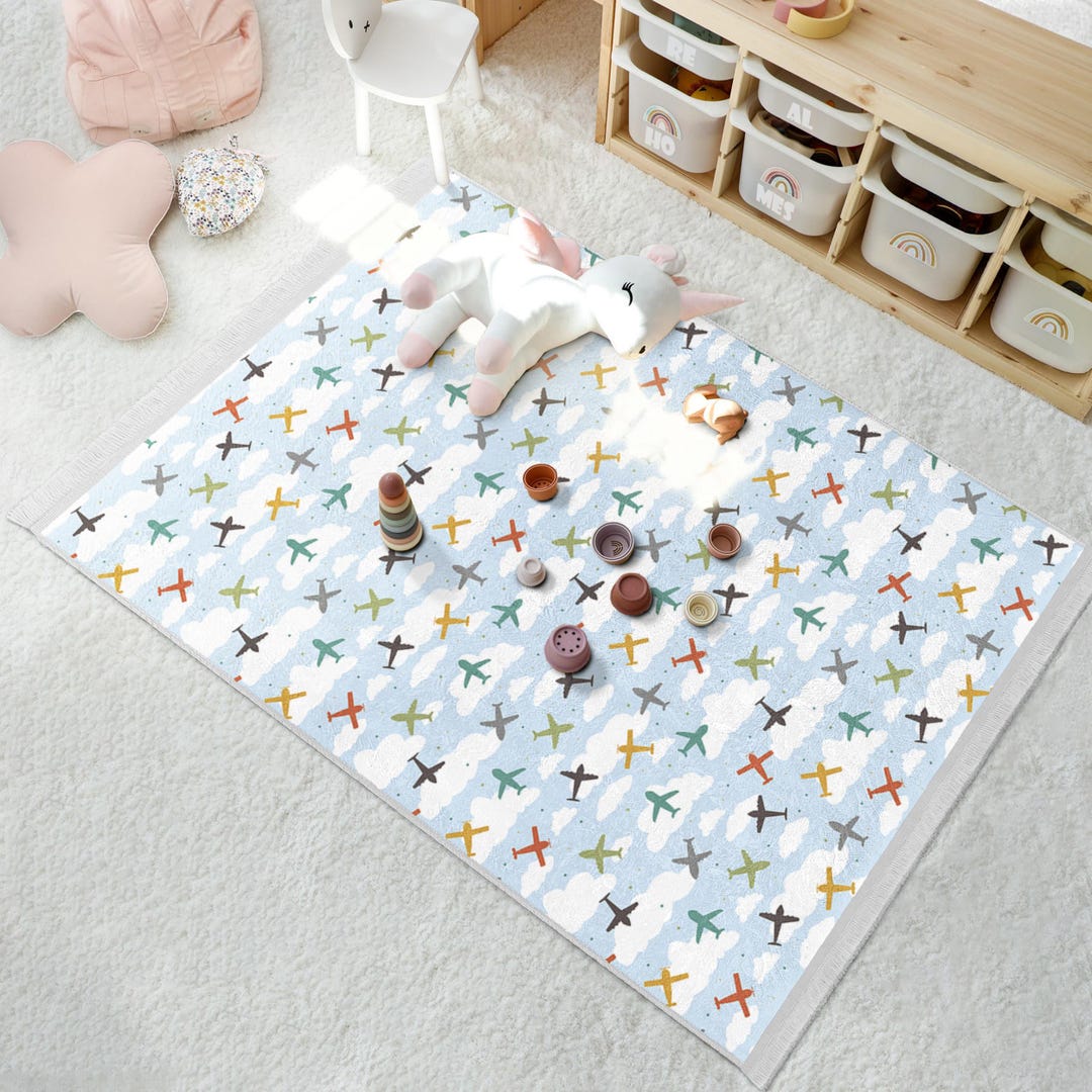 Sky Airplane Pattern Rug - Kid's Room Play Mat-blue Cloud Design Carpet ...