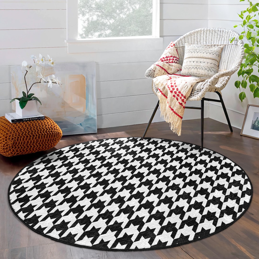 Black White Houndstooth Pattern Round Rug -geometric Checkered Design ...