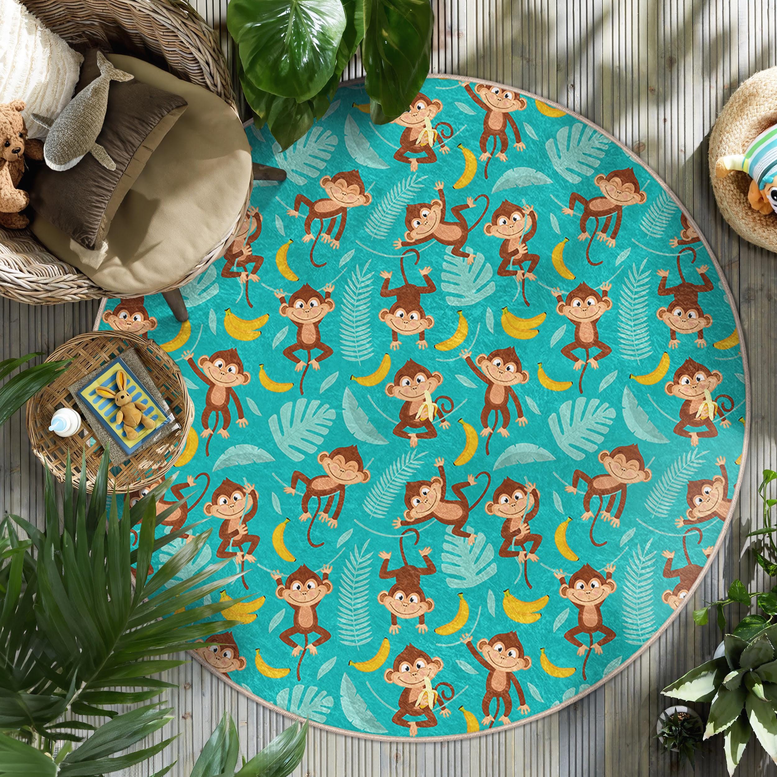 Jungle Monkey Kids Room Round Rug - Bananas Leaves Teal Circle Carpet ...