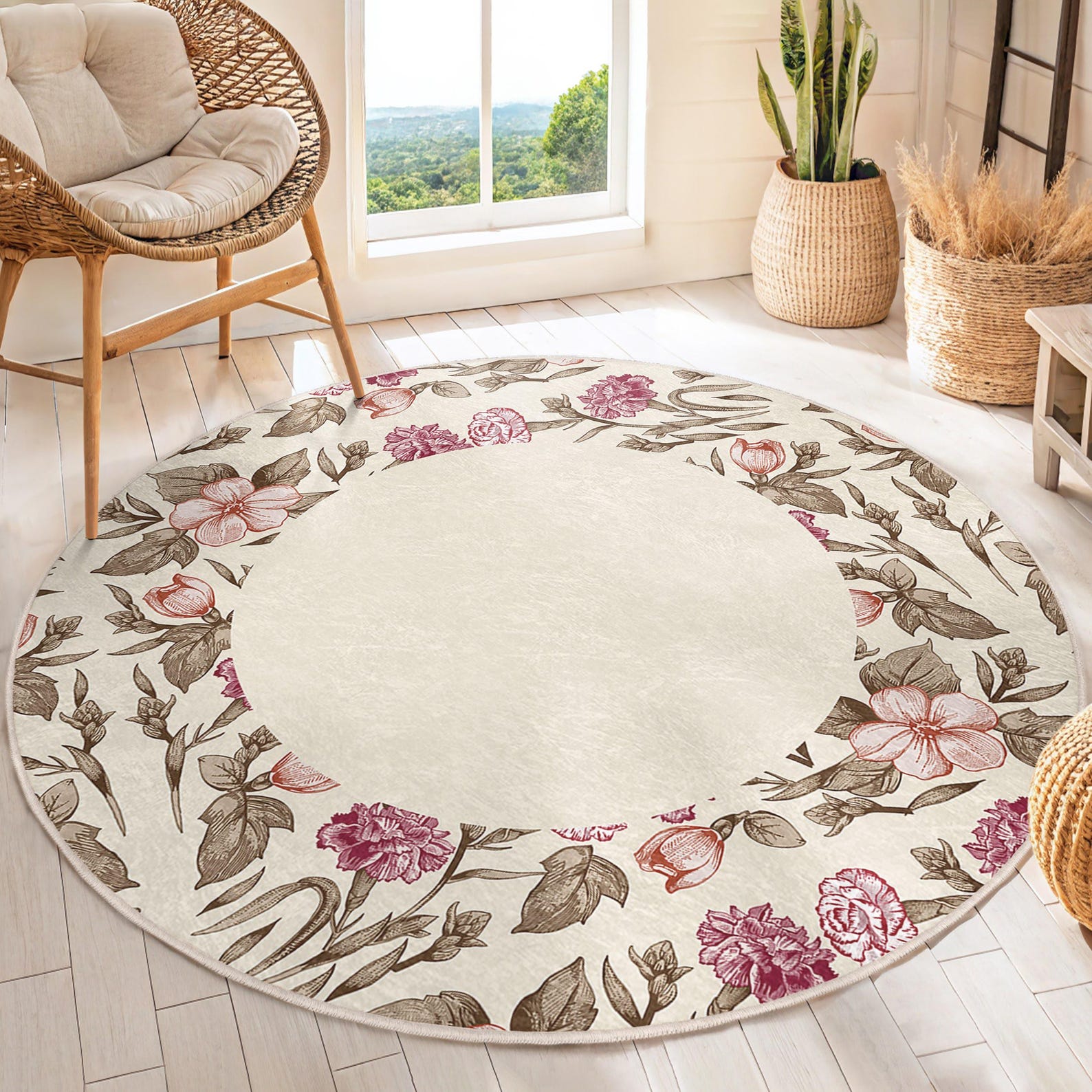 Elegant Floral Border Round Rug - Pink Rose Garden Bloom Circle Mat ...