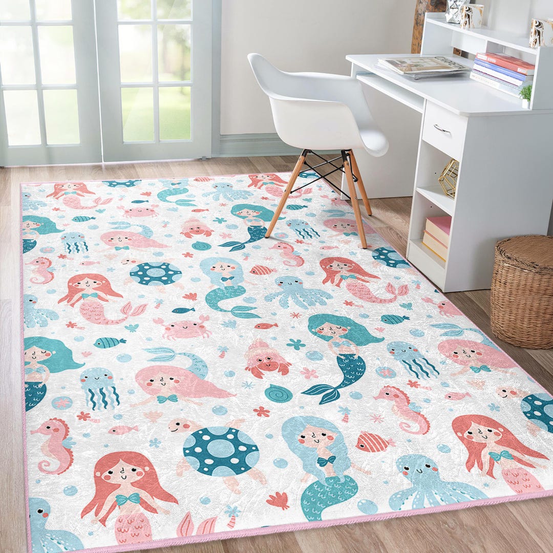 Mermaid Nursery Rug - Sea Creatures Pastel Pattern Mat -kids Room ...