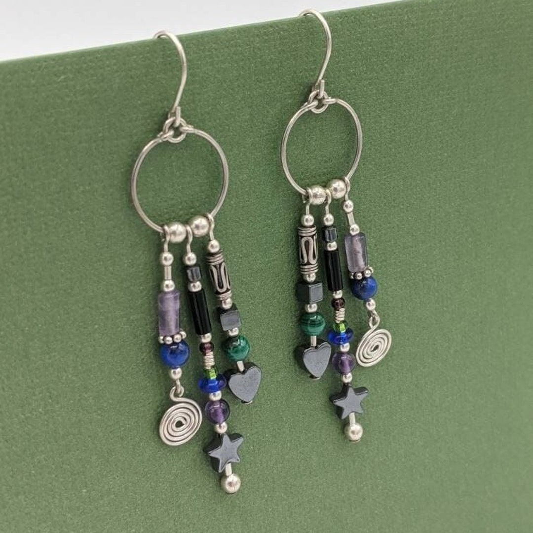 Sterling Silver Crazy Hoop Earrings, Gemstone Beaded Earrings, Funky ...