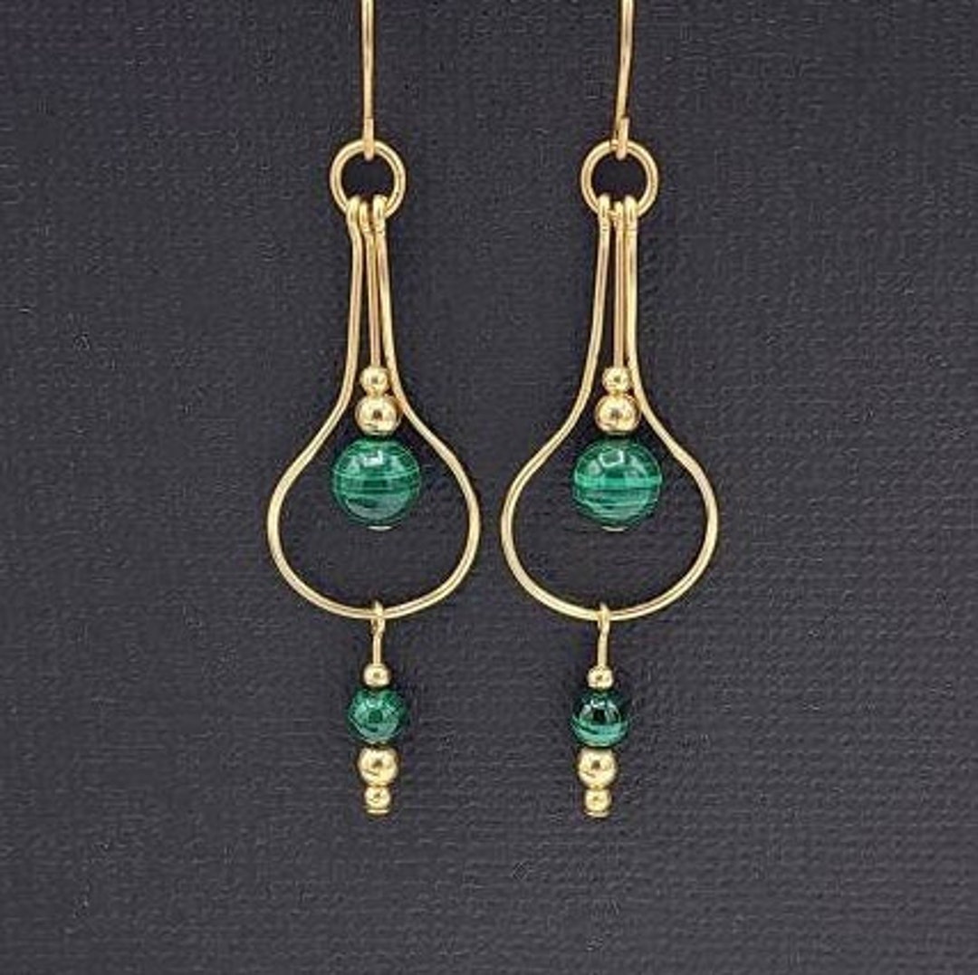 Gold-filled Malachite Curved Teardrop Earrings, Green and Gold Jewelry ...