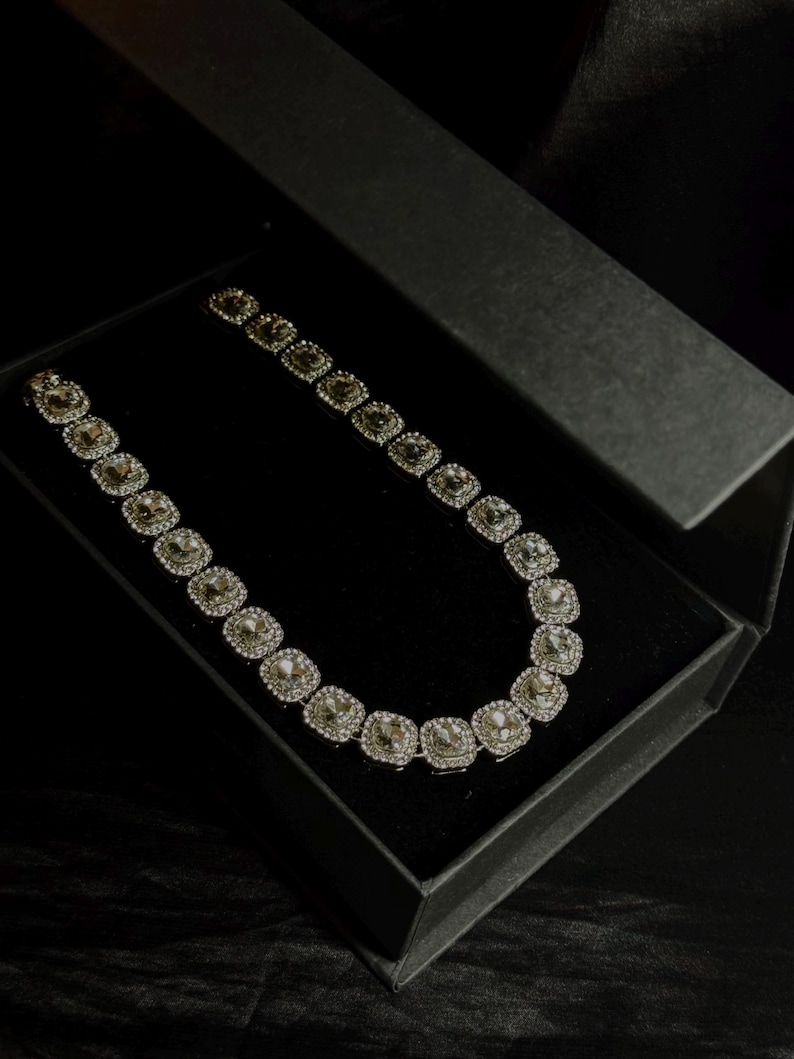 Unisex Silver Tennis Chain Necklace - Square Cut Crystal Rhinestone ...