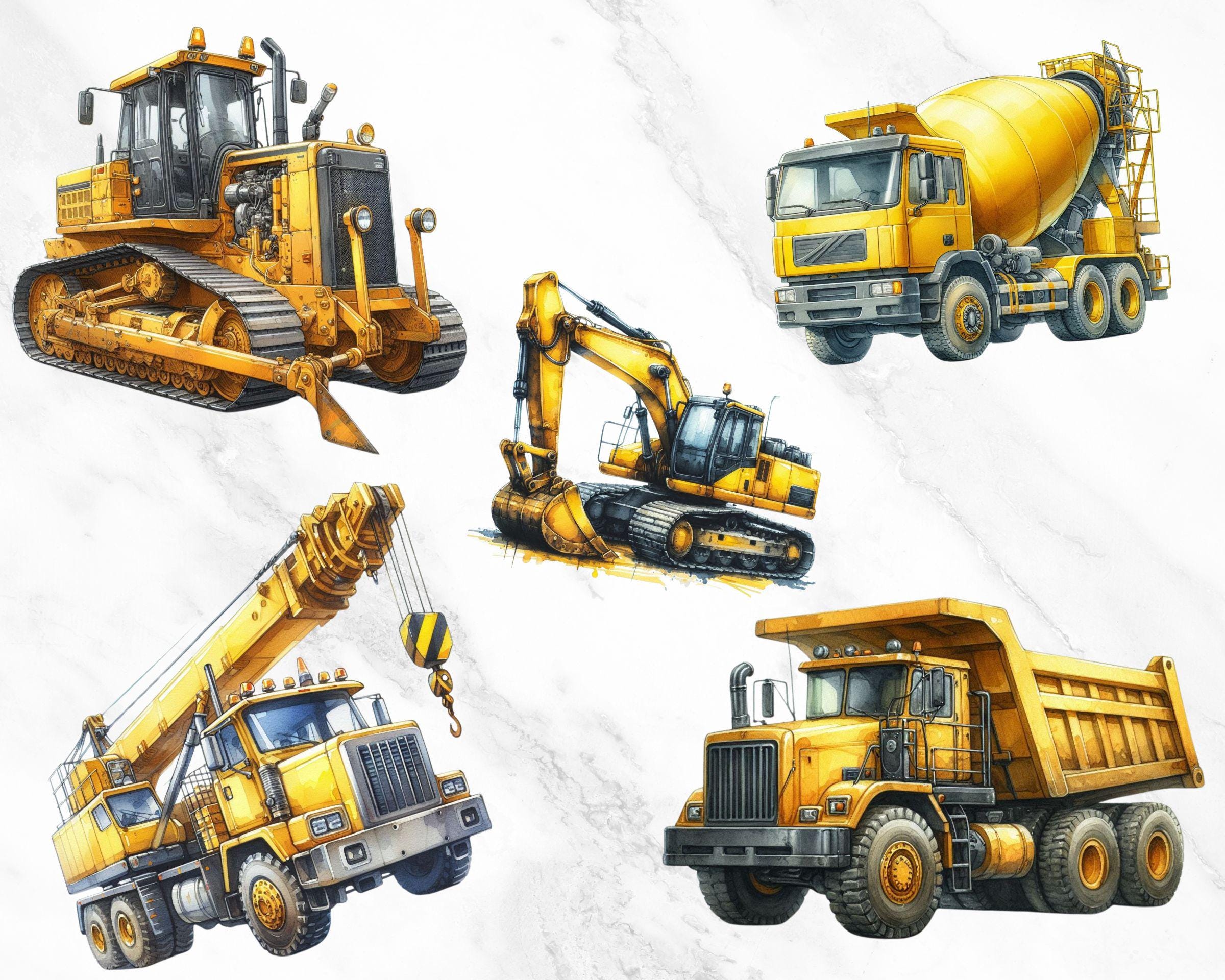 Watercolor Construction Clipart, Trucks, Bulldozer, Cement Truck ...