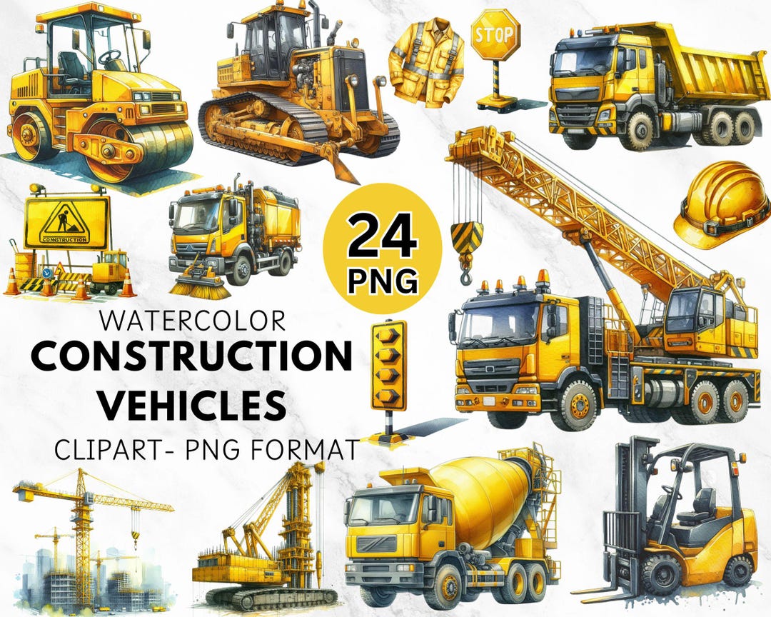 Watercolor Construction Clipart, Trucks, Bulldozer, Cement Truck ...